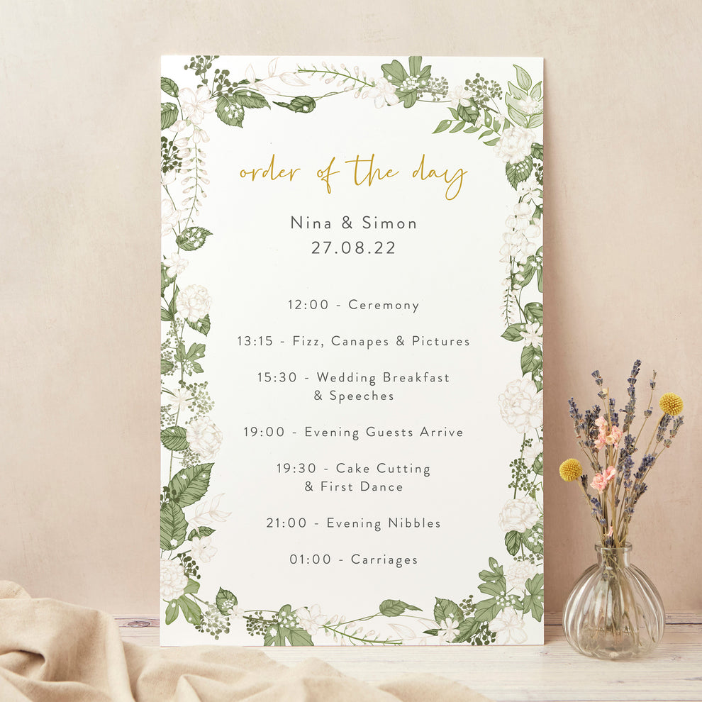 White Floral Wedding Order of the Day Sign – Loom Weddings