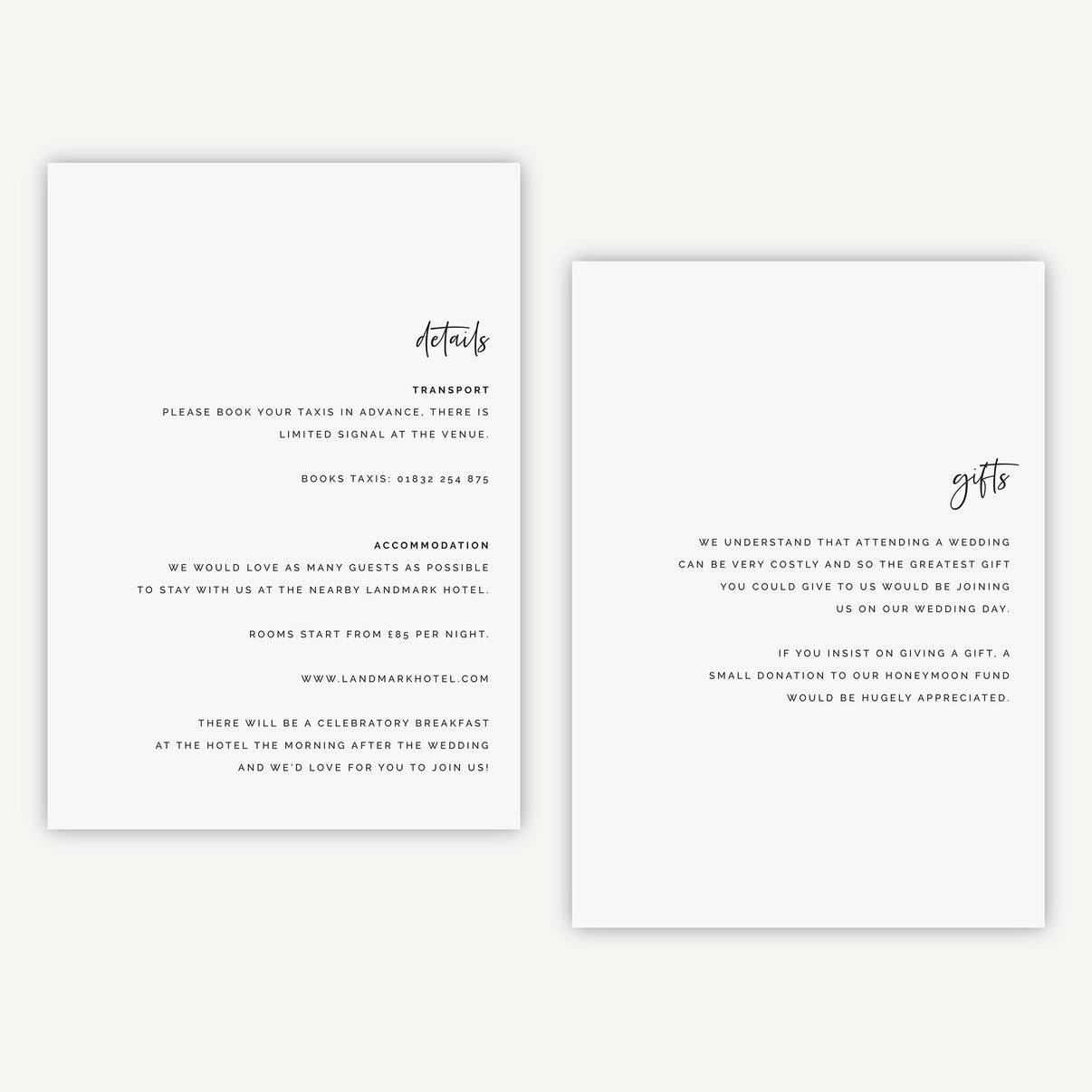 White Modern Script Wedding Invitation Details Card – Loom Weddings