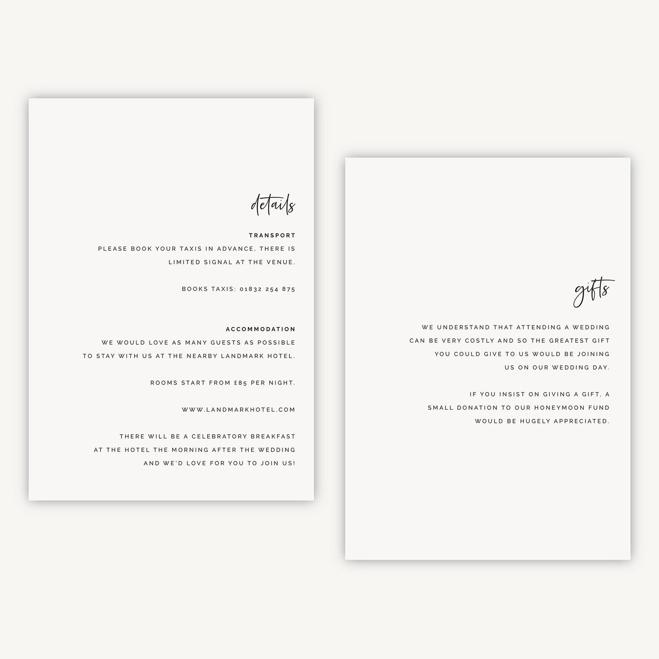 White Modern Script Wedding Invitation Details Card – Loom Weddings